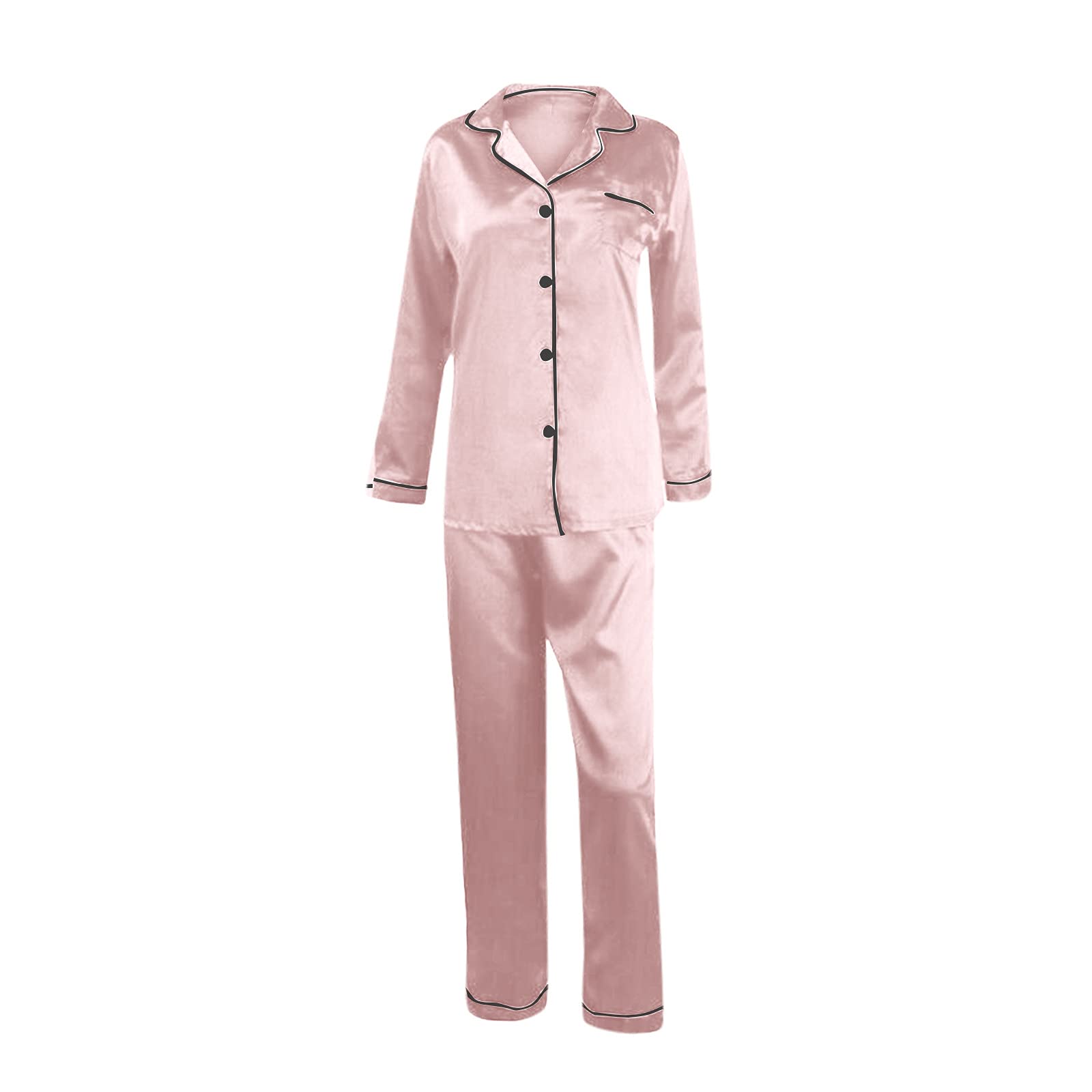 Aniywn Silk Satin Pajama Set For Women Soft Lounge Set Women's Silk Sleepwear Satin Long Sleeve Two Piece Pajama Pj Set B-pink