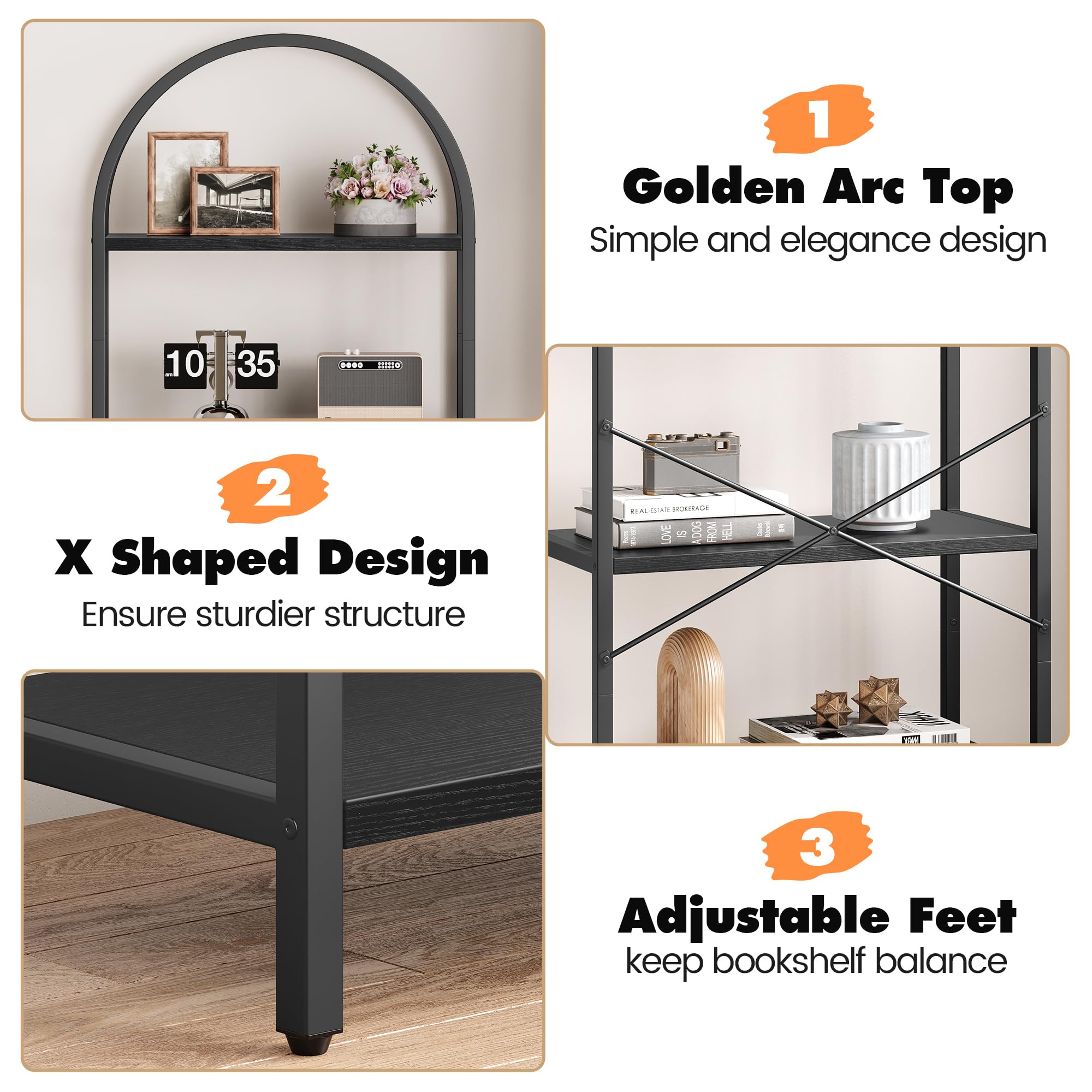 GAOMON Arched Bookshelf 5 Tier Bookcase 70.87in Tall Display Racks Modern Standing Bookshelves Metal Book Shelf for Bedroom, Living Room, Home Office