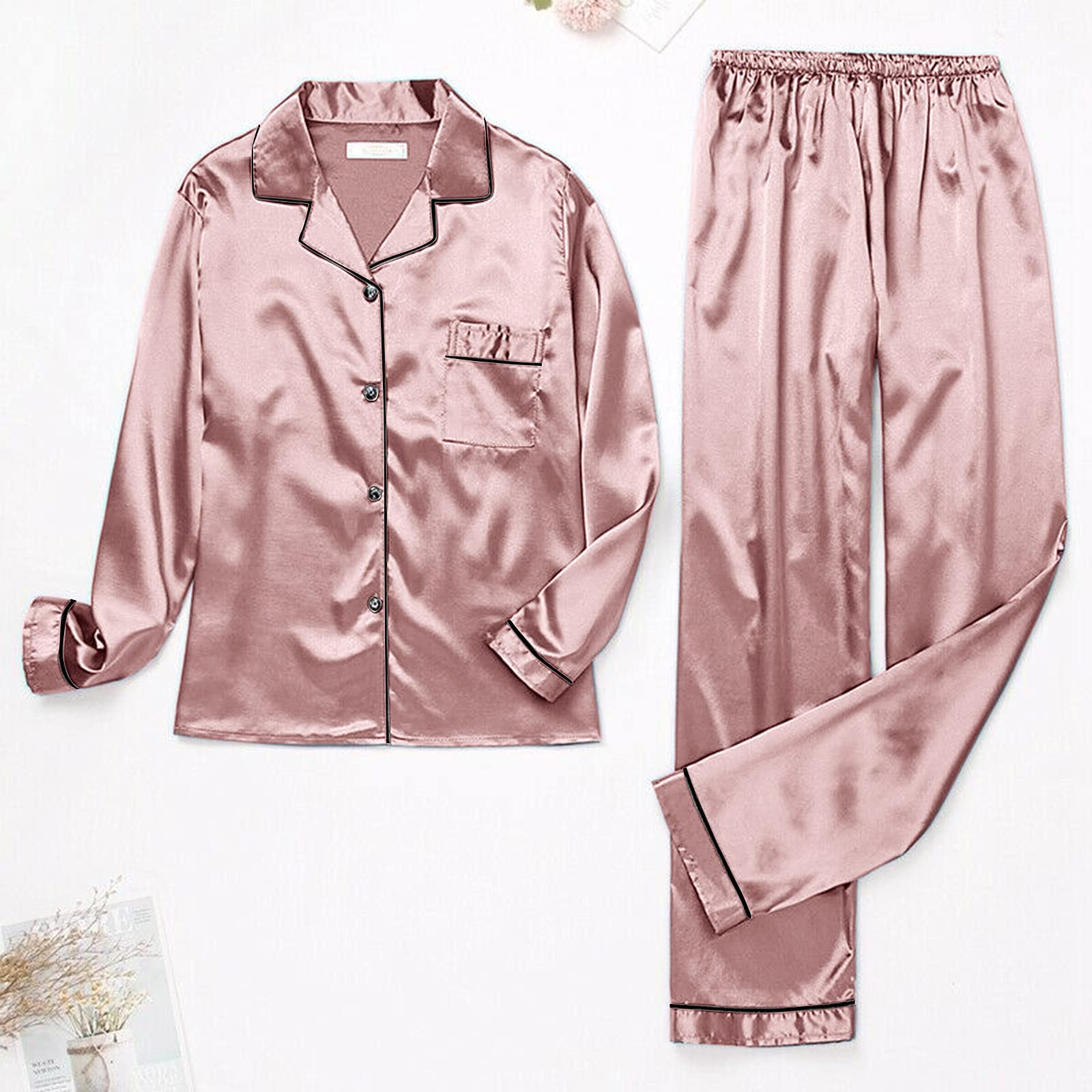 Aniywn Silk Satin Pajama Set For Women Soft Lounge Set Women's Silk Sleepwear Satin Long Sleeve Two Piece Pajama Pj Set B-pink