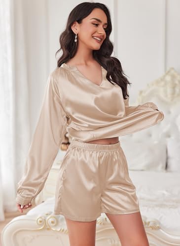 Ekouaer Satin Silk Pajama Set for Women V Neck Long Sleeve Tops and Shorts Matching Set with Pockets Champagne Medium