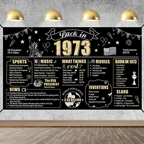 Large 50th Birthday Banner Backdrop Decorations for Men Women, Black Gold Back in 1973 50 Birthday Sign Party Supplies, Happy 50 Year Old Bday Background Decor for Outdoor Indoor