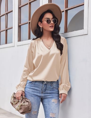 Ekouaer Satin Silk Pajama Set for Women V Neck Long Sleeve Tops and Shorts Matching Set with Pockets Champagne Medium