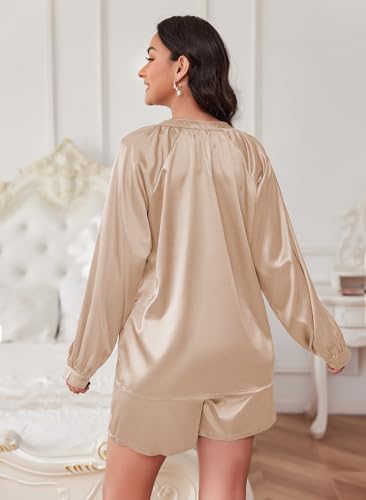 Ekouaer Satin Silk Pajama Set for Women V Neck Long Sleeve Tops and Shorts Matching Set with Pockets Champagne Medium