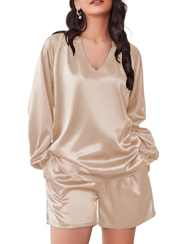 Ekouaer Satin Silk Pajama Set for Women V Neck Long Sleeve Tops and Shorts Matching Set with Pockets Champagne Medium