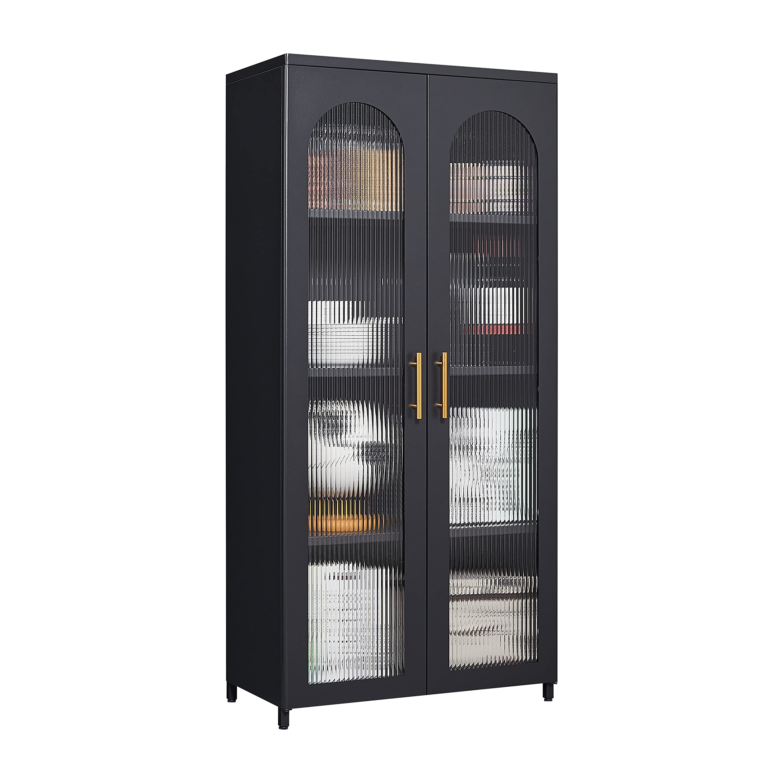 RpAosd 59" Metal Storage Cabinet with Glass Doors,Glass Display Cabinet for Living Room,Dining Room and Kitchen,Decorative Sideboard Buffet Cabinet with Glass Doors and Shelves (Black)