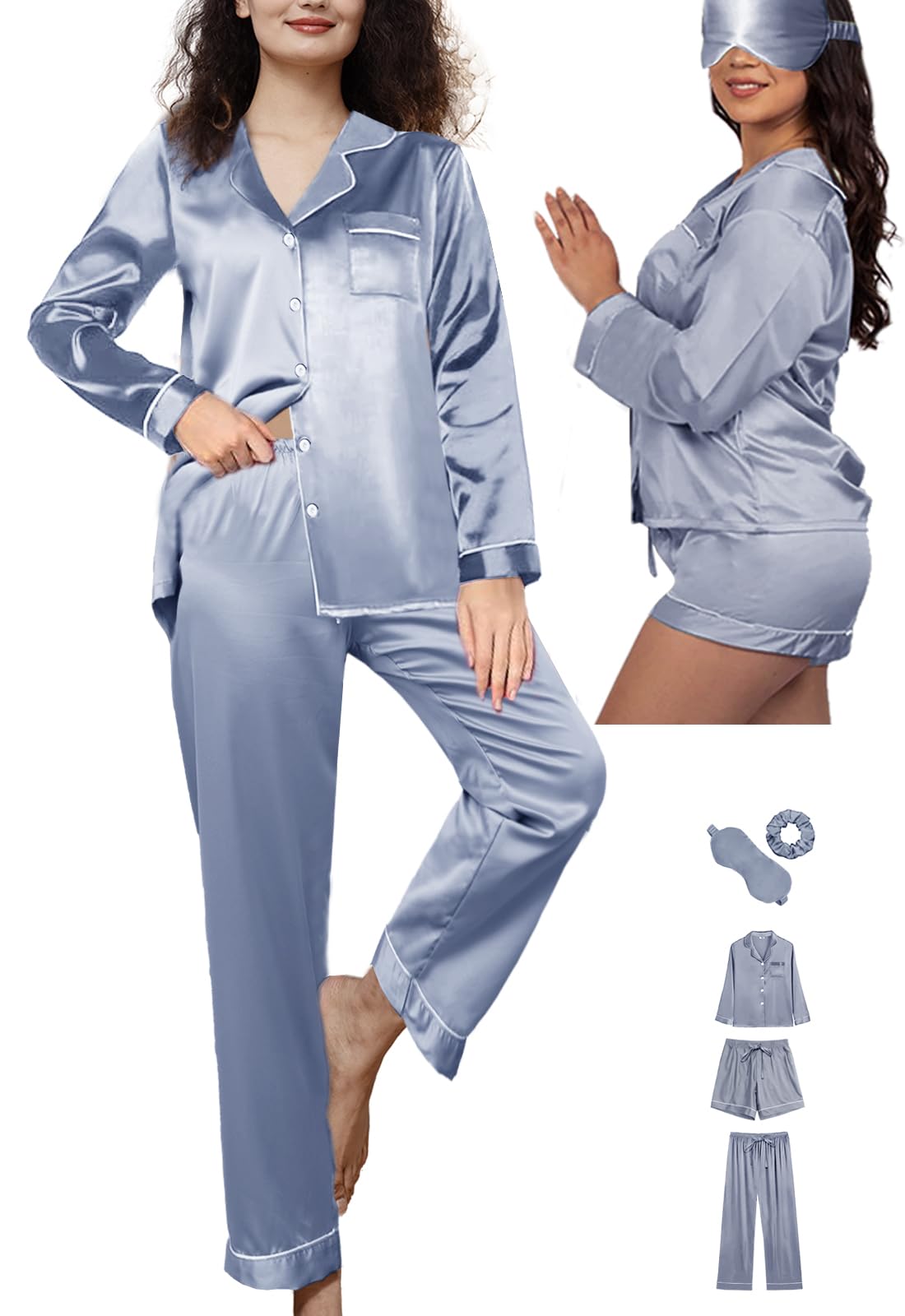 WJing Yi Jia 5Pcs XS-XXL Womens Silk Satin Pajamas Sets Long Pj Sets Button Down Pjs Set Loungewear Sleepwear