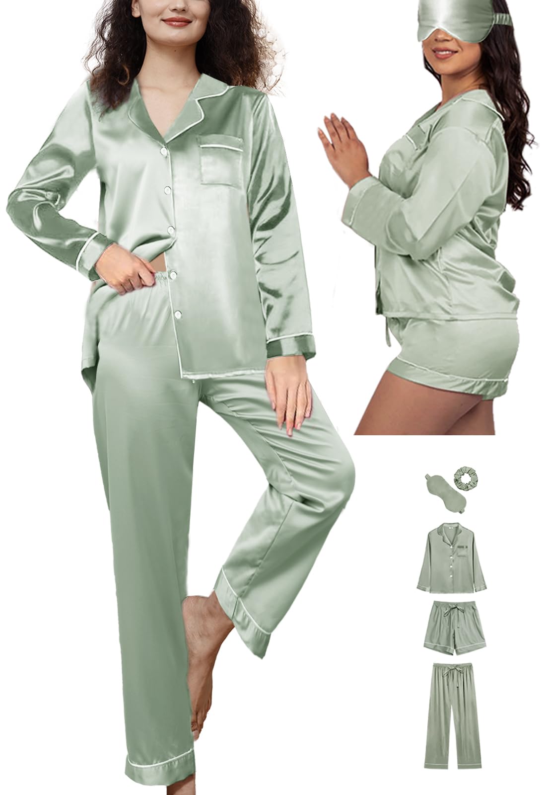 WJing Yi Jia 5Pcs XS-XXL Womens Silk Satin Pajamas Sets Long Pj Sets Button Down Pjs Set Loungewear Sleepwear