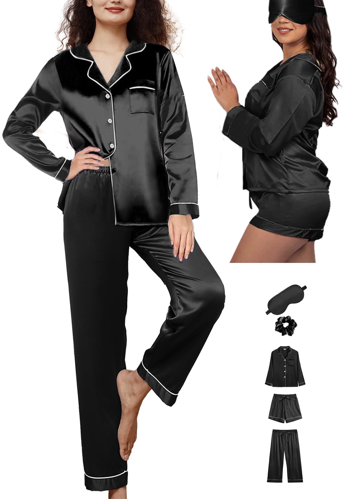 WJing Yi Jia 5Pcs XS-XXL Womens Silk Satin Pajamas Sets Long Pj Sets Button Down Pjs Set Loungewear Sleepwear
