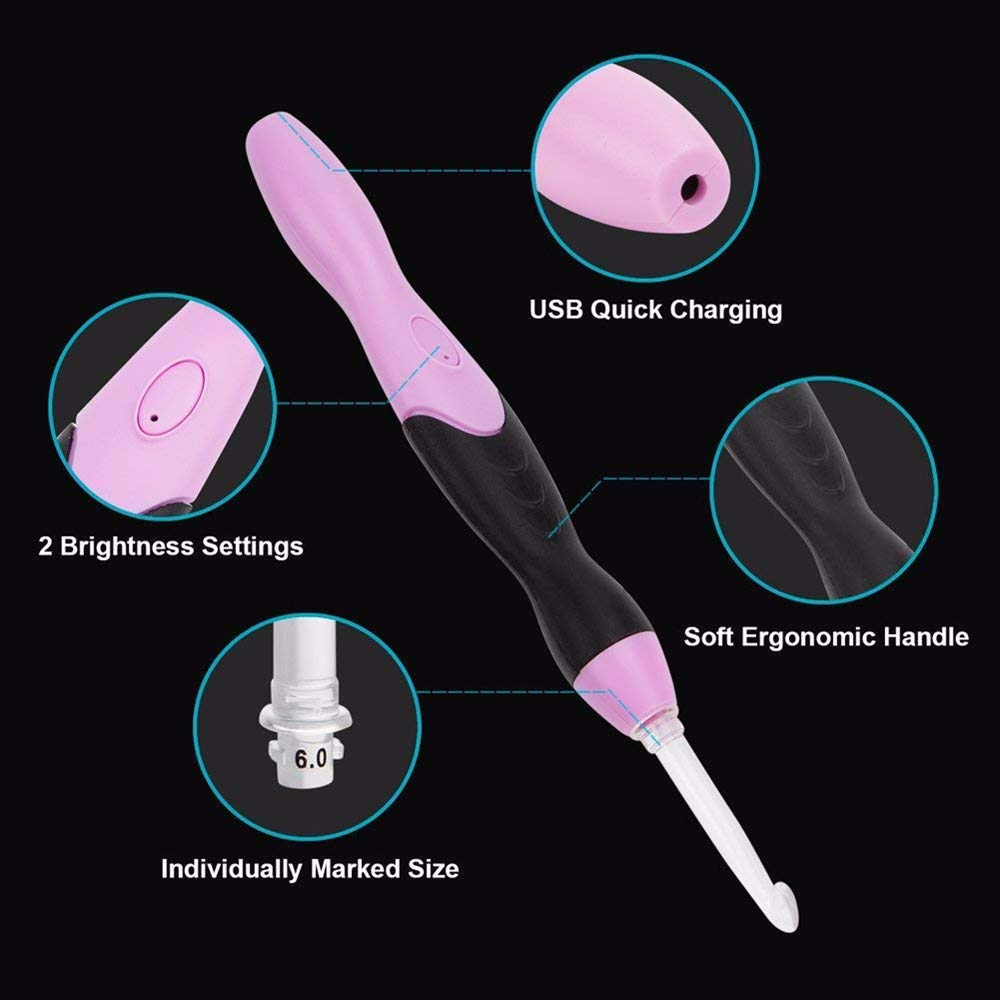 Lighted Crochet Hooks Set - 11 Sizes Light Up Crochet Hooks with Case,Rechargeable Crochet Hook with Light,2.5mm to 8mm