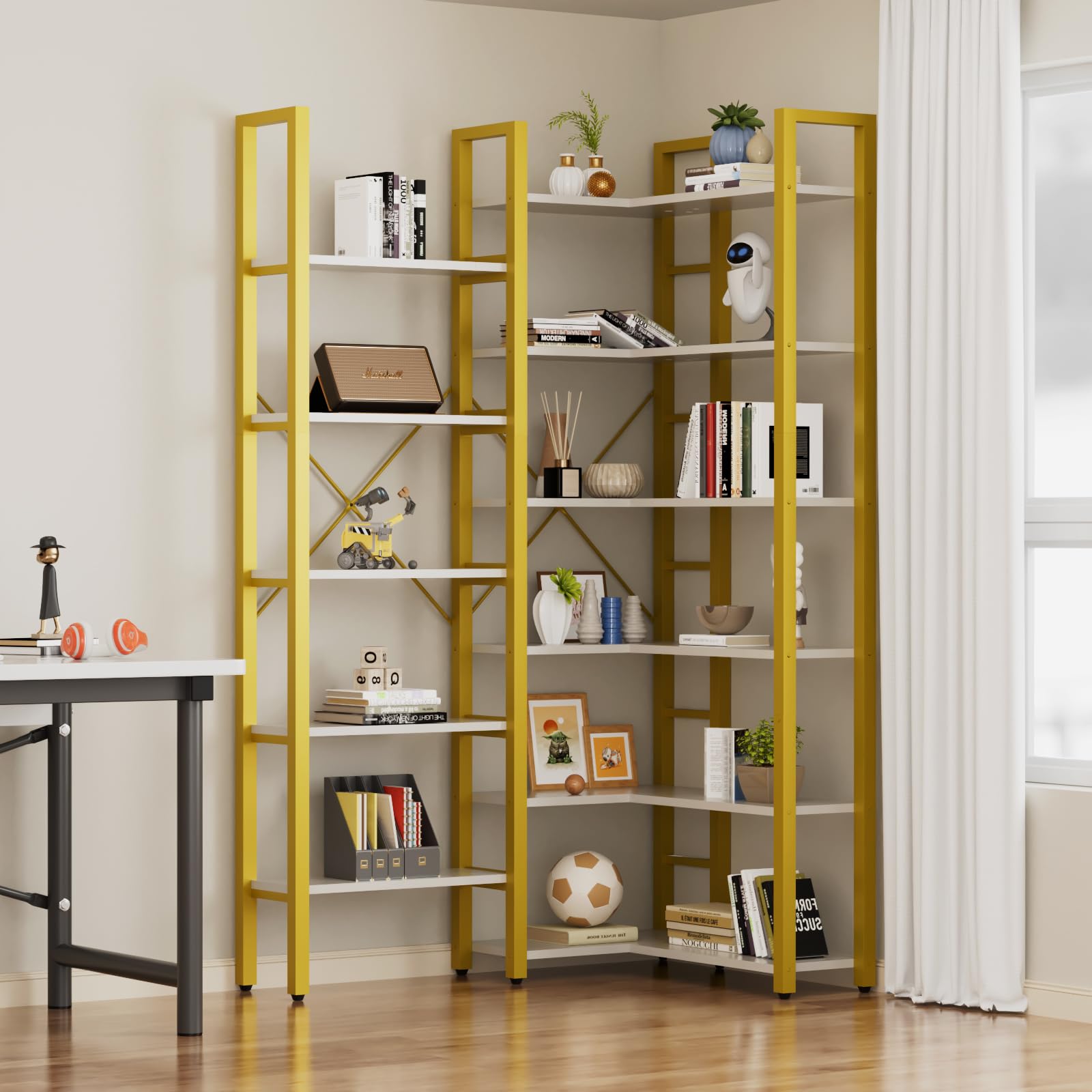 oneinmil Triple Wide 6-Shelf Bookcase Industrial Vintage Wood Style Large Open Bookshelves for Home&Office, Rustic Brown (6 Tier, White/Gold)