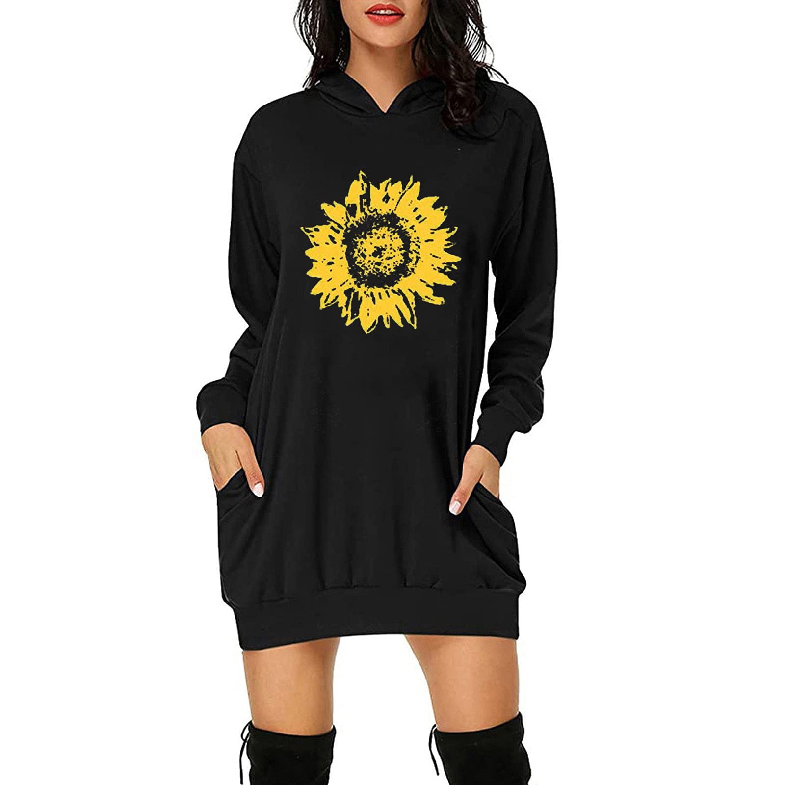 Christmas Hoodies Dress for Women Ugly Christmas Sweater Shirt Long Sleeve Crewneck Pullover Hooded Tunic with Pockets