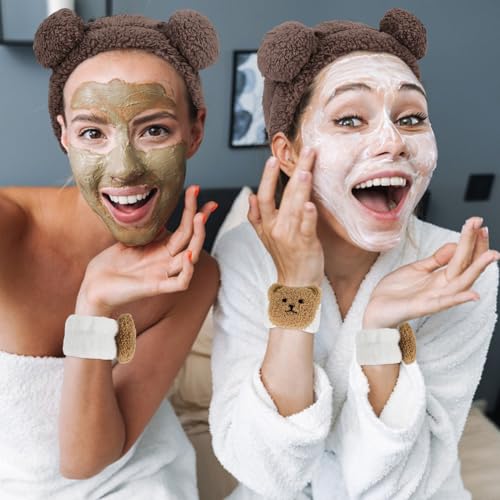 WHAVEL Spa Headband and Wristband Set, 3PCS Brown (Bear Ears Headband for Washing Face, Absorbent Wrist Bands for Washing Face)
