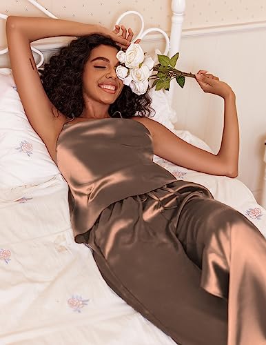 Ekouaer Pajamas for Women Silk Cowl Neck Cami Top Wide Leg Long Pants Set Satin Pjs Sleepwear 2 Piece Lounge Set Brown,Medium