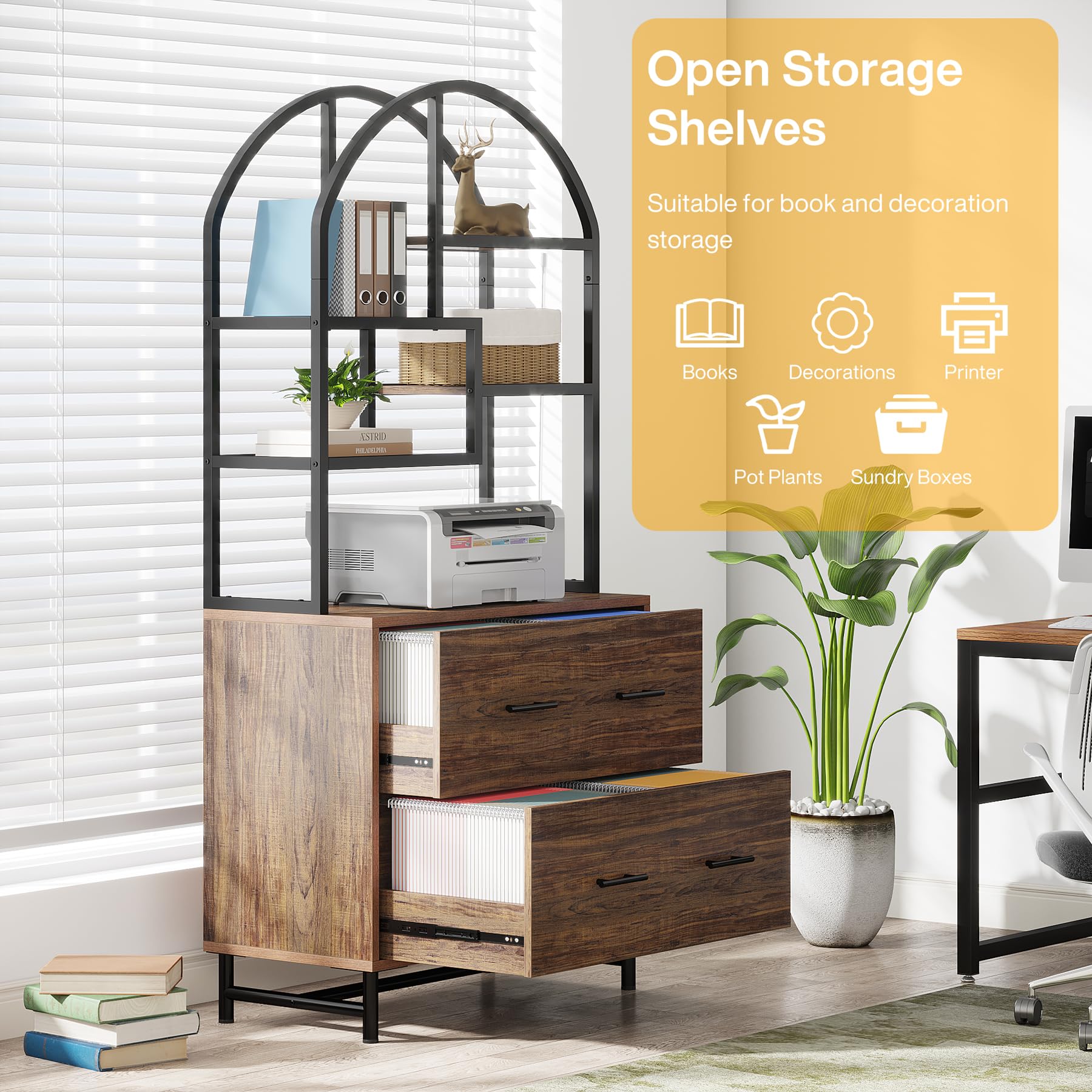 Tribesigns 4-Tier Bookshelf with 2 Drawers, Industrial Open Book Shelf Arched Bookcase, 70.8" Tall Storage Shelves Display Rack with LED Light and Metal Frame for Living Room (1, Grey)