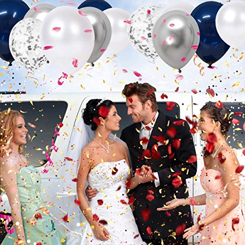 Navy Blue and Silver Confetti Balloons 50 pcs, 12 inch White Pearl and Silver Metallic Chrome Party Balloons for 2022 Graduation Party Decorations