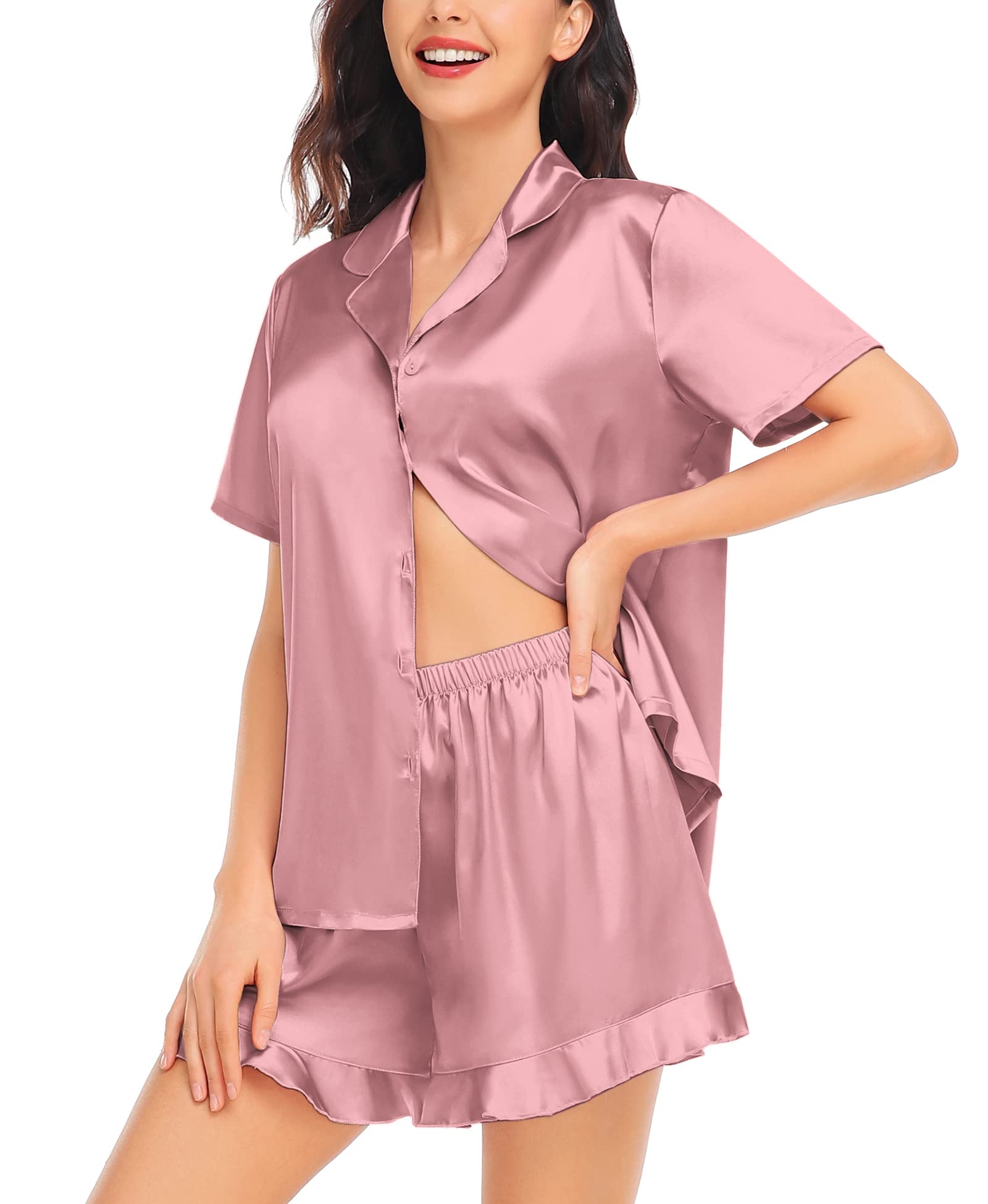 SWOMOG Women's Silk Satin Pajamas Set Short Sleeve Button Down Sleepwear Ruffle Hem Shorts PJ Sets Two-Piece Bride Loungewear Misty Rose