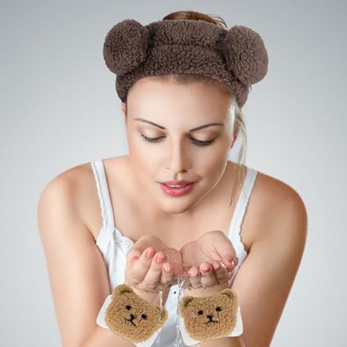 WHAVEL Spa Headband and Wristband Set, 3PCS Brown (Bear Ears Headband for Washing Face, Absorbent Wrist Bands for Washing Face)