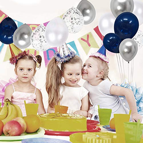 Navy Blue and Silver Confetti Balloons 50 pcs, 12 inch White Pearl and Silver Metallic Chrome Party Balloons for 2022 Graduation Party Decorations