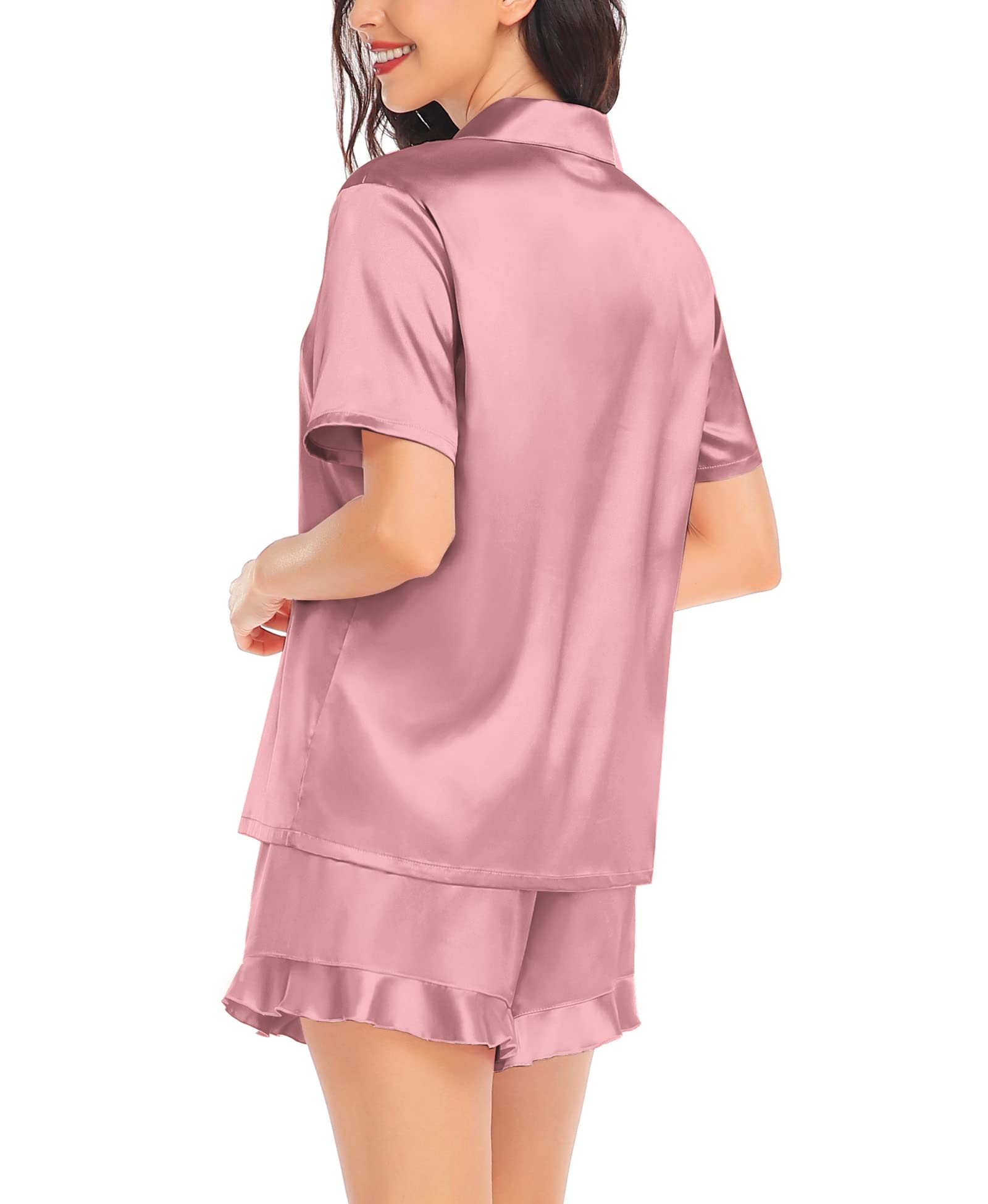 SWOMOG Women's Silk Satin Pajamas Set Short Sleeve Button Down Sleepwear Ruffle Hem Shorts PJ Sets Two-Piece Bride Loungewear Misty Rose