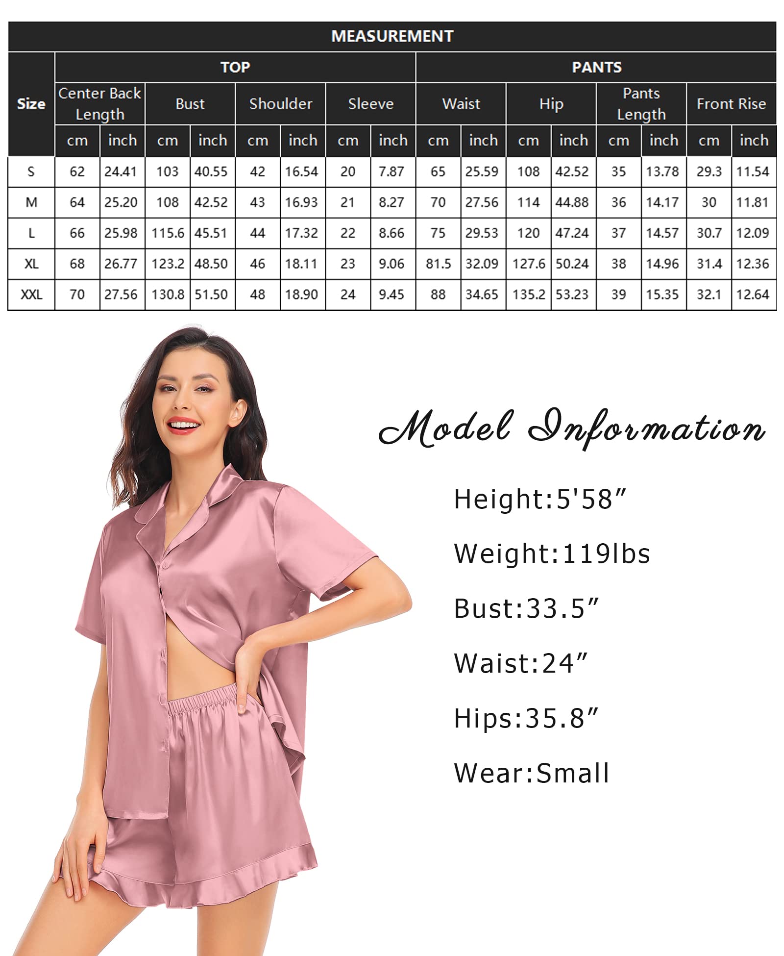 SWOMOG Women's Silk Satin Pajamas Set Short Sleeve Button Down Sleepwear Ruffle Hem Shorts PJ Sets Two-Piece Bride Loungewear Misty Rose