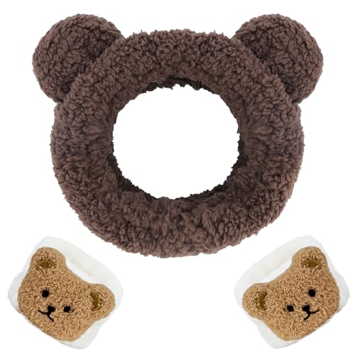 WHAVEL Spa Headband and Wristband Set, 3PCS Brown (Bear Ears Headband for Washing Face, Absorbent Wrist Bands for Washing Face)