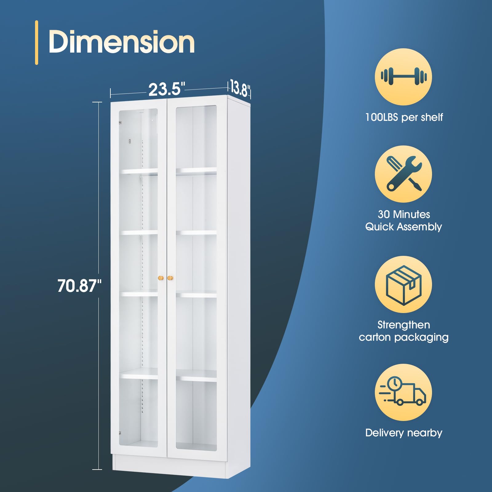 IRONMIX Modern Display Cabinet with Doors, Metal Curio Display Cabinet with Adjustable Shelves, 70.87" H Display Case, White Book Shelf with Storage for Home Office Living Room