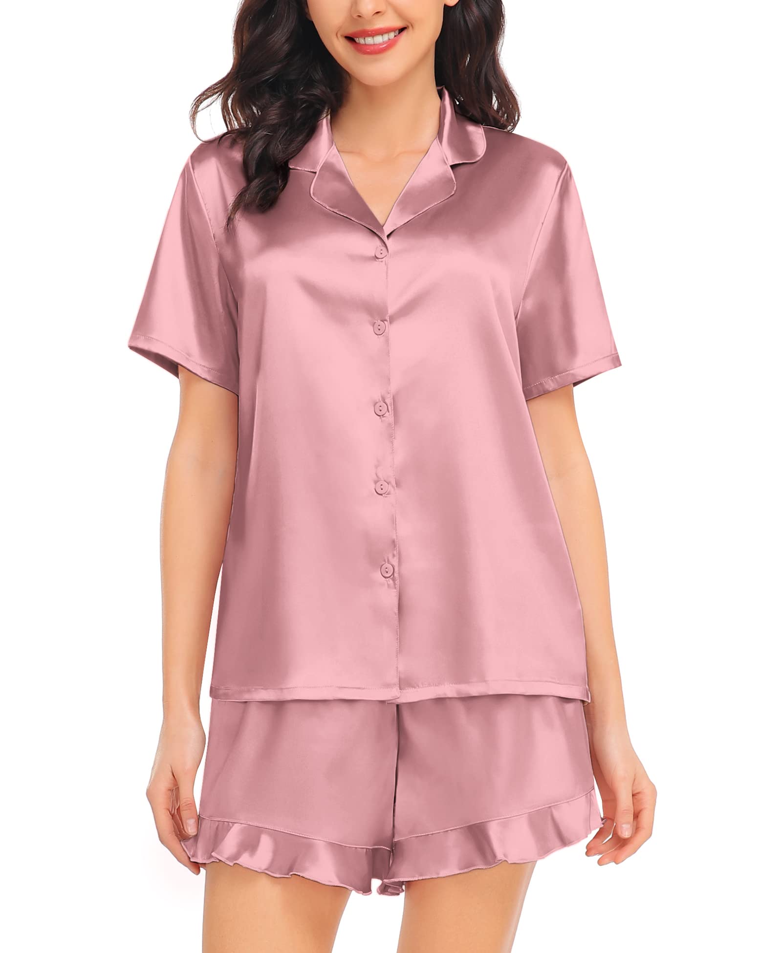 SWOMOG Women's Silk Satin Pajamas Set Short Sleeve Button Down Sleepwear Ruffle Hem Shorts PJ Sets Two-Piece Bride Loungewear Misty Rose