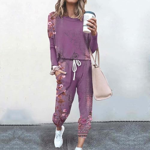Lounge Sets for Women Sweatsuits Sets Crewneck Sweatshirts Pullover Long Pants Two Pieces Sweatsuit Lounge Sets Purple