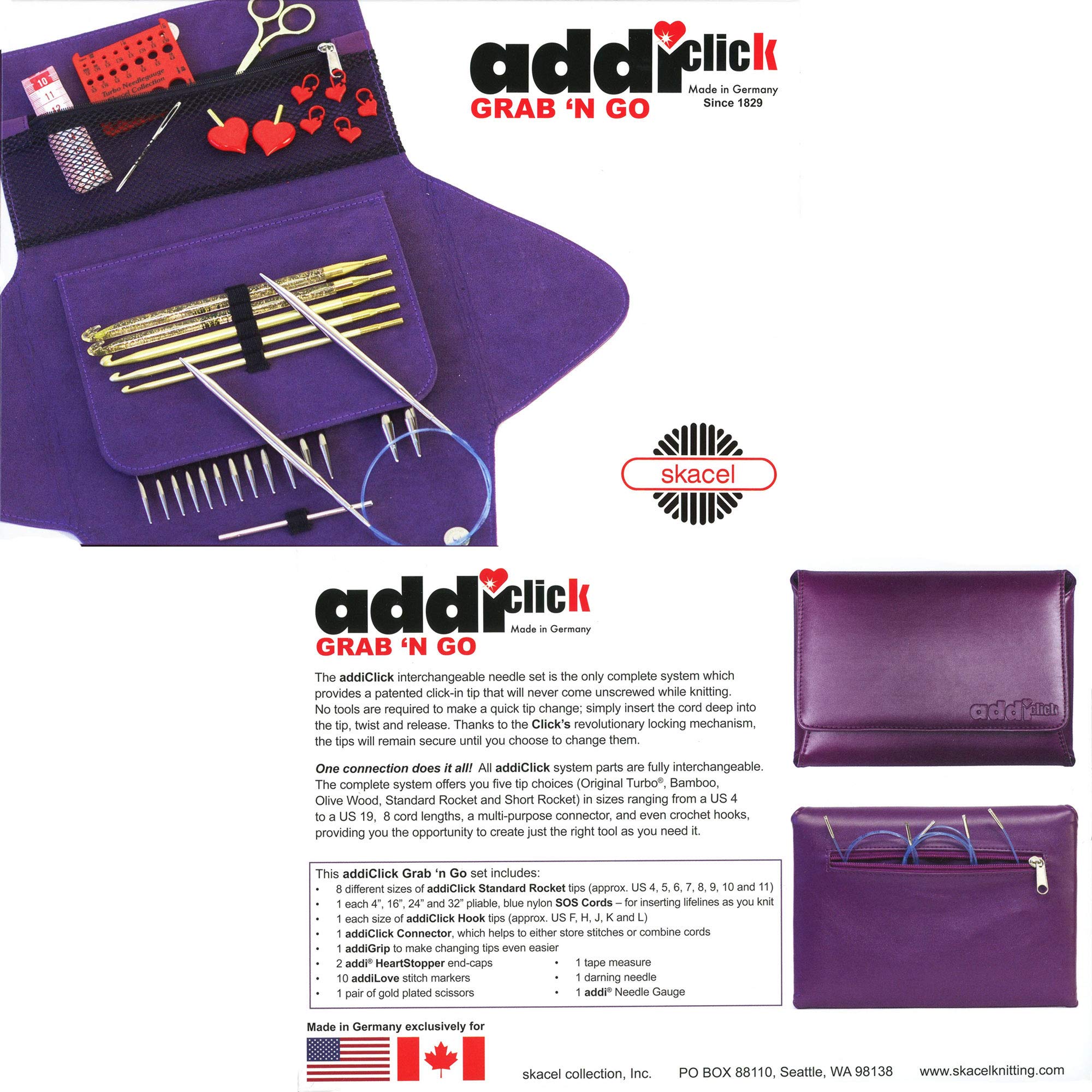 addi Click Grab N Go 5-Inch Interchangeable Circular Set Rocket Tips US 4, 5, 6, 7, 8, 9, 10, 11 and Crochet Tips Metric 4, 5, 6, 7, 8 with 4 Blue Cords with Project Bag