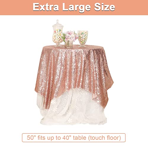 PartyDelight Rose Gold Sequin Wedding Tablecloth 50 by 50 Inch Square Polyester Sequin Overlay, Shiny Sequin Quality Tablecloth for Special Event Or Party(Rose Gold,50x50)