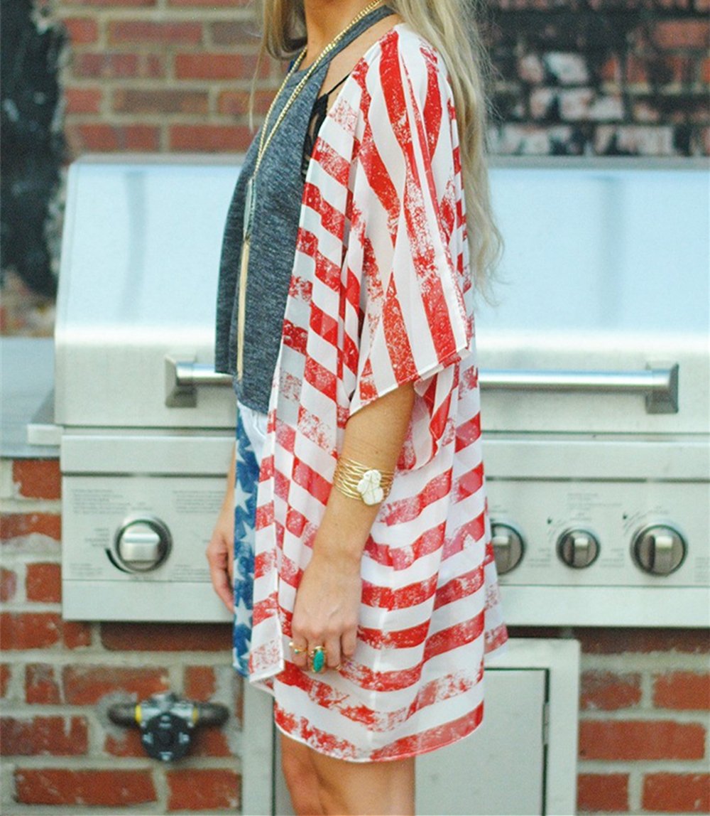 DDSOL Women's American Flag Kimono Cover up Beachwear Cardigan Loose Tops Shirt Blouse(Red One Size)