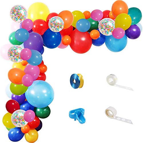 Rainbow Party Balloons Garland Kit, 114 Pack Assorted Multicolor Latex Balloon Colorful Paper Confetti Balloons for Carnival Circus Fiesta Wedding Birthday Party Decorations