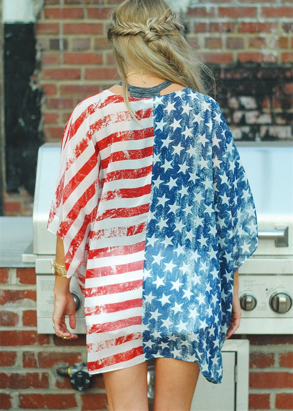 DDSOL Women's American Flag Kimono Cover up Beachwear Cardigan Loose Tops Shirt Blouse(Red One Size)