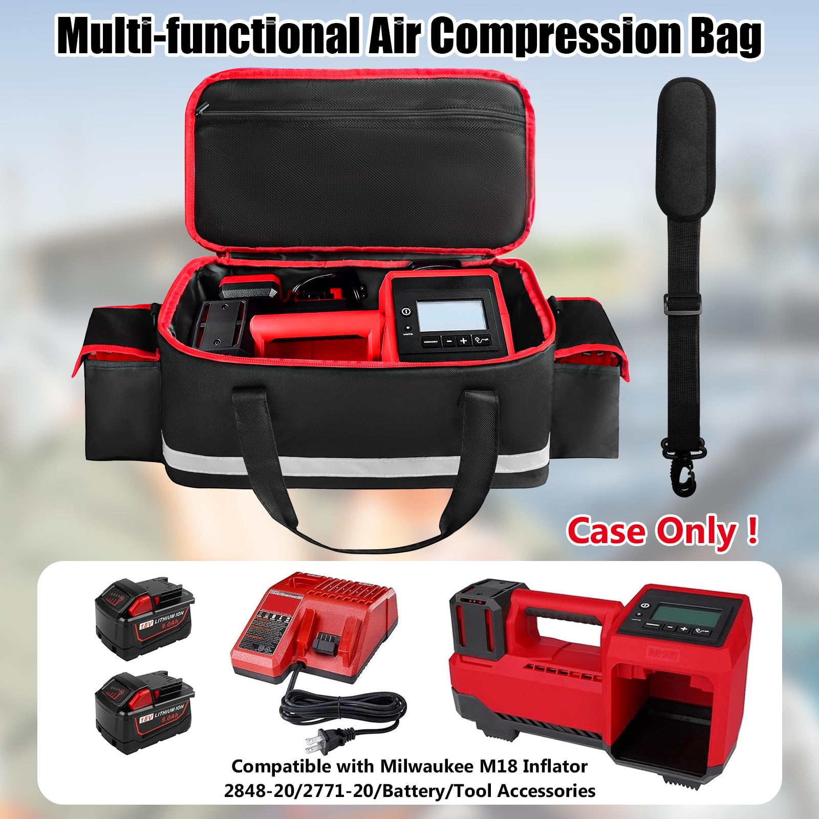Tesuko Air Compressor Bag Compatible with Milwaukee M18 Inflator 2848-20/2771-20, Air Pump Organizer Case for Milwaukee Inflator, Storage Holder Pouch for 18V 3.0 to 9.0 Ah Battery Black (Only Case)