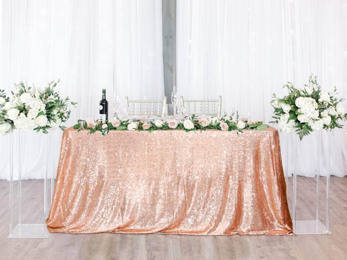 PartyDelight Rose Gold Sequin Wedding Tablecloth 50 by 50 Inch Square Polyester Sequin Overlay, Shiny Sequin Quality Tablecloth for Special Event Or Party(Rose Gold,50x50)