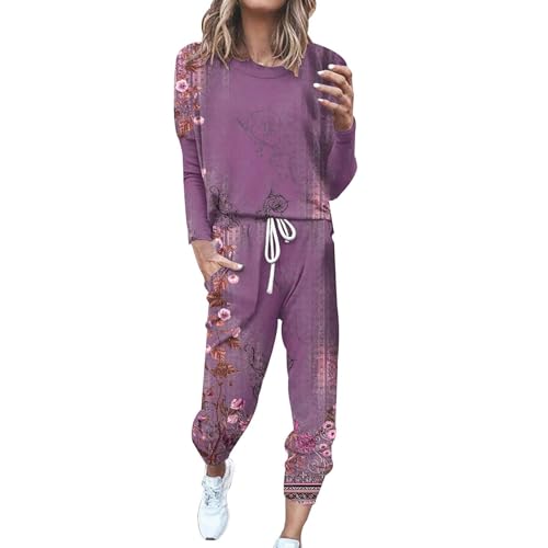 Lounge Sets for Women Sweatsuits Sets Crewneck Sweatshirts Pullover Long Pants Two Pieces Sweatsuit Lounge Sets Purple
