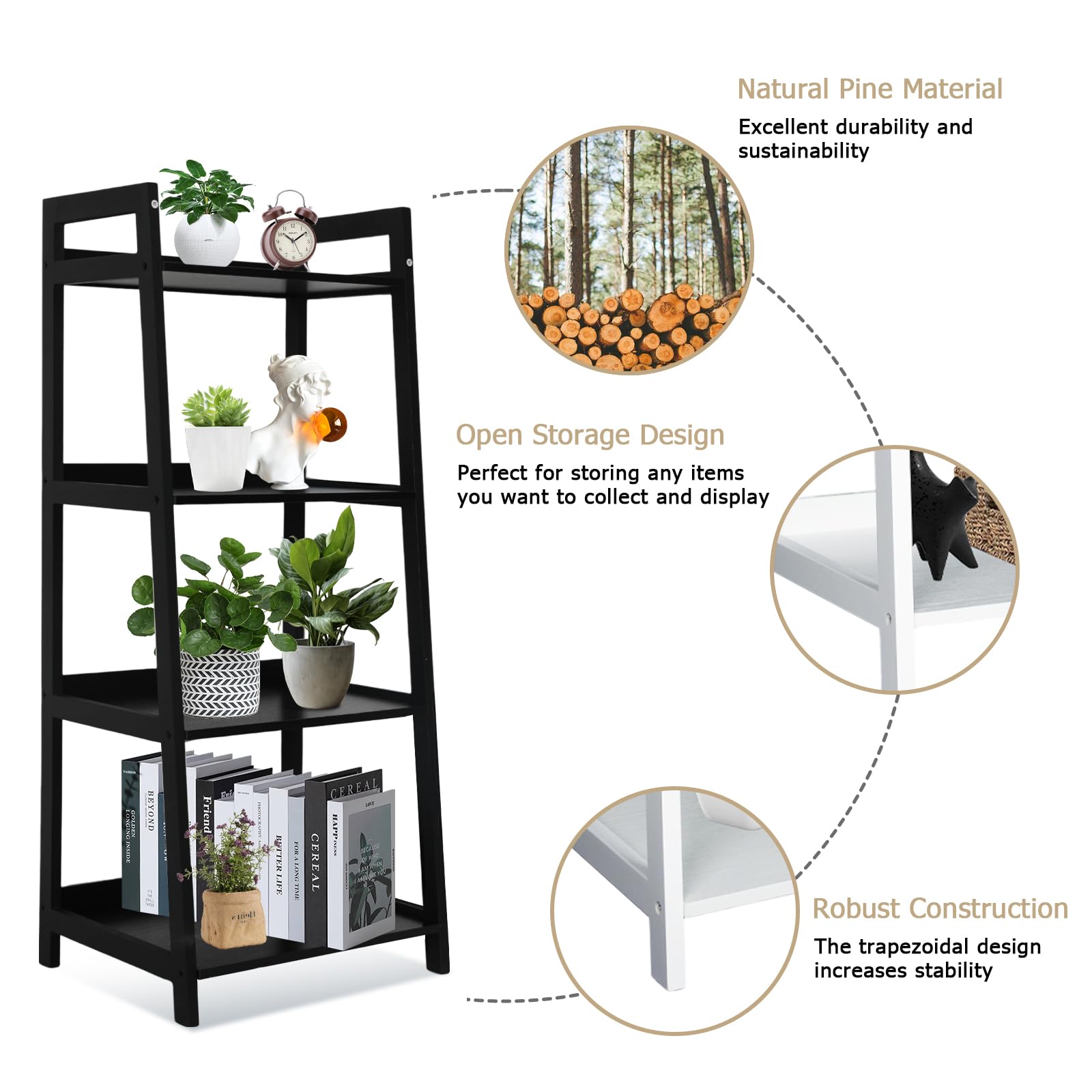 ECOMEX 4-Tier Ladder Shelf Modern Style Shelf, Ladder Bookshelf Open Storage Rack Wood Ladder Shelf with Solid Pine Frame, Freestanding Ladder Shelves for Home Office, Bedroom (Black)
