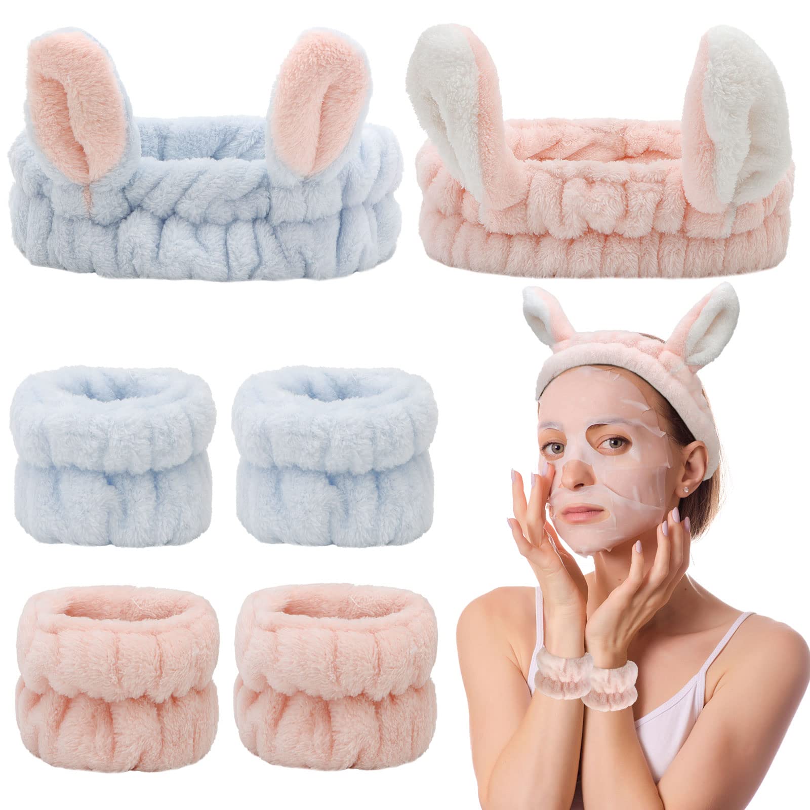 AMCAMI Bunny Ears Shower Set for Women - 6 Pcs Makeup Headbands with Wristband, Elastic Cosmetic Headbands for Face Washing