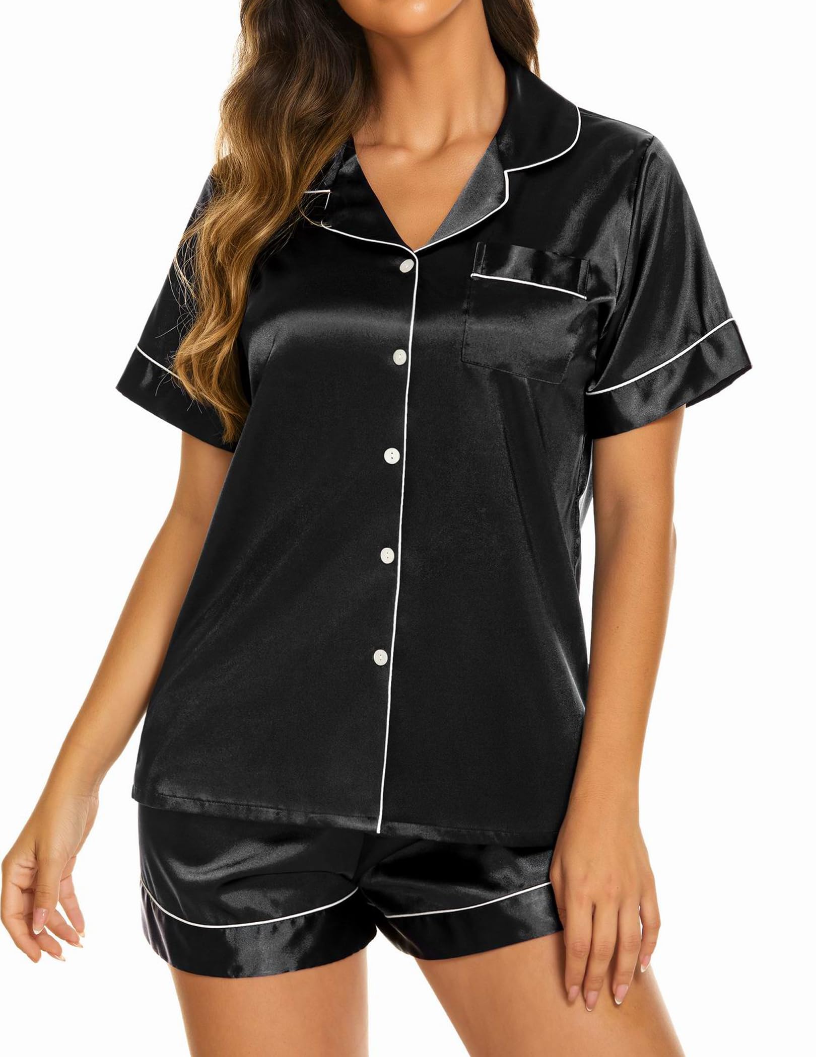 Ekouaer Women's Pajama Sets Silk Satin Pjs Short Sleeve Sleepwear Button Down Nightwear 2 Piece Lounge Shorts Set,Black,Small