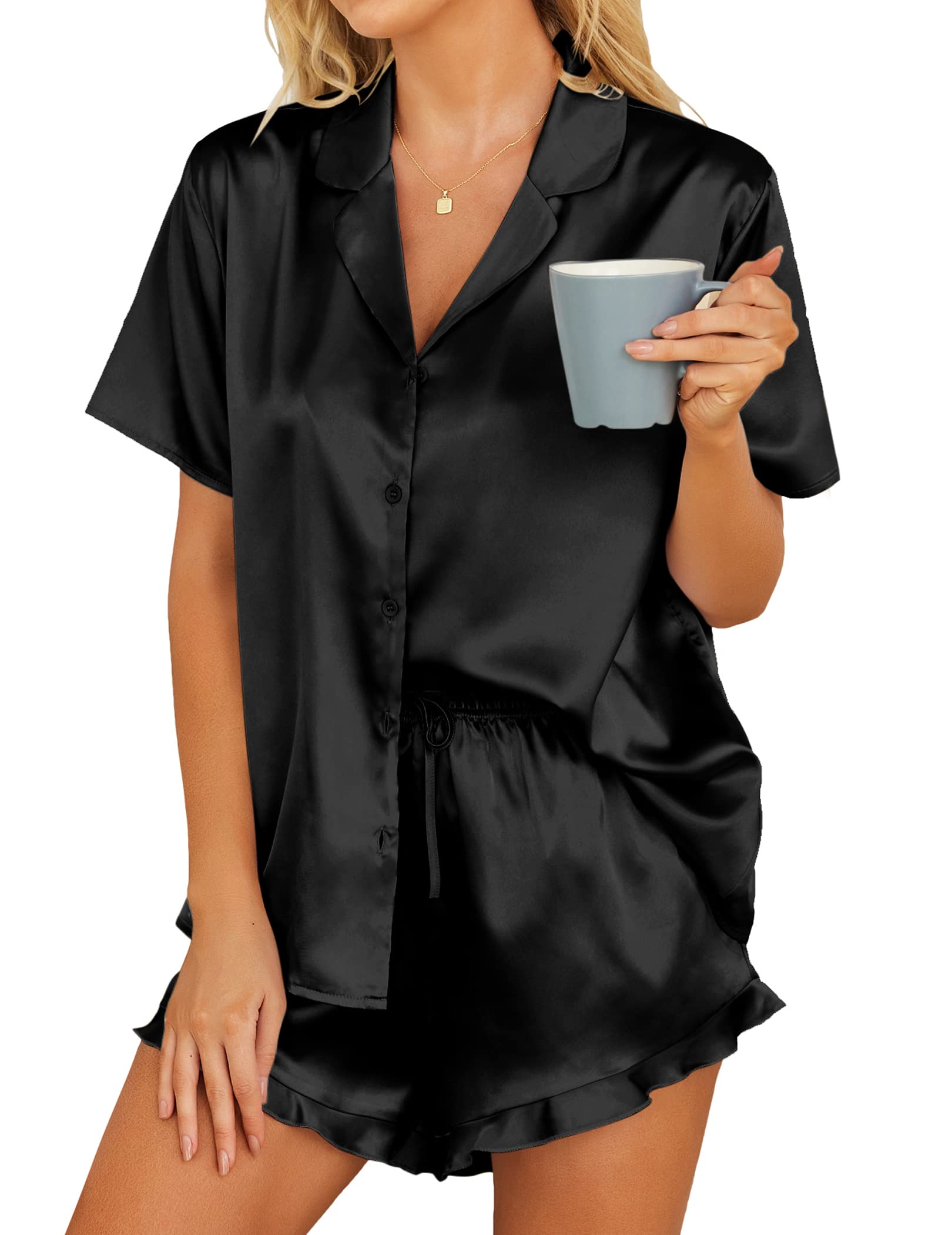 HOTOUCH Womens Silk Satin Pajamas Set Button Down Short Sleeve Sleepwear Set 2 Piece Ruffled Pjs Black, M