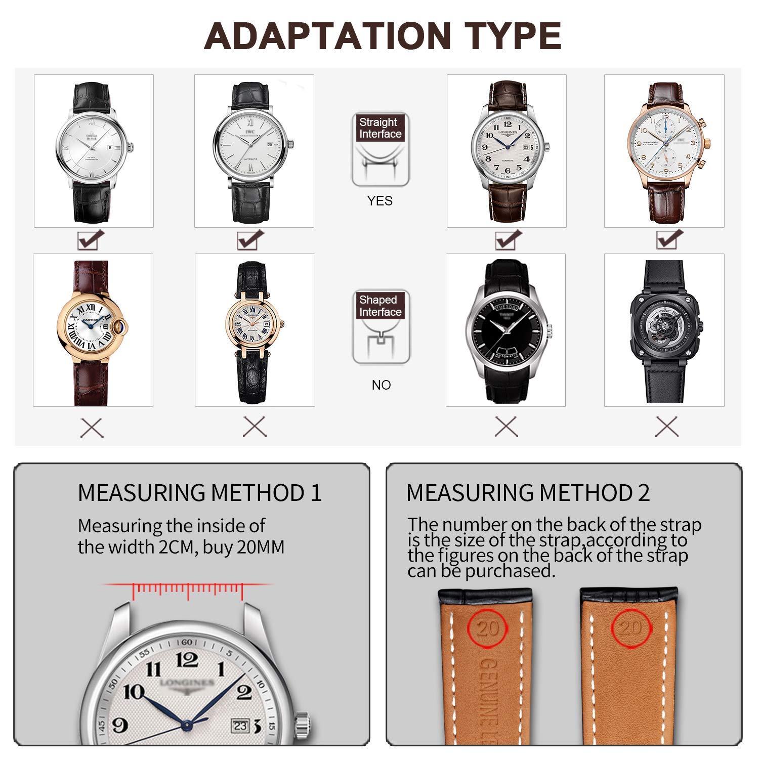 Moran Genuine Leather Replacement Watch Band Deployment Buckle 18mm 19mm 20mm 21mm 22mm 23mm 24mm Calfskin Watch Strap for Men's and Women's