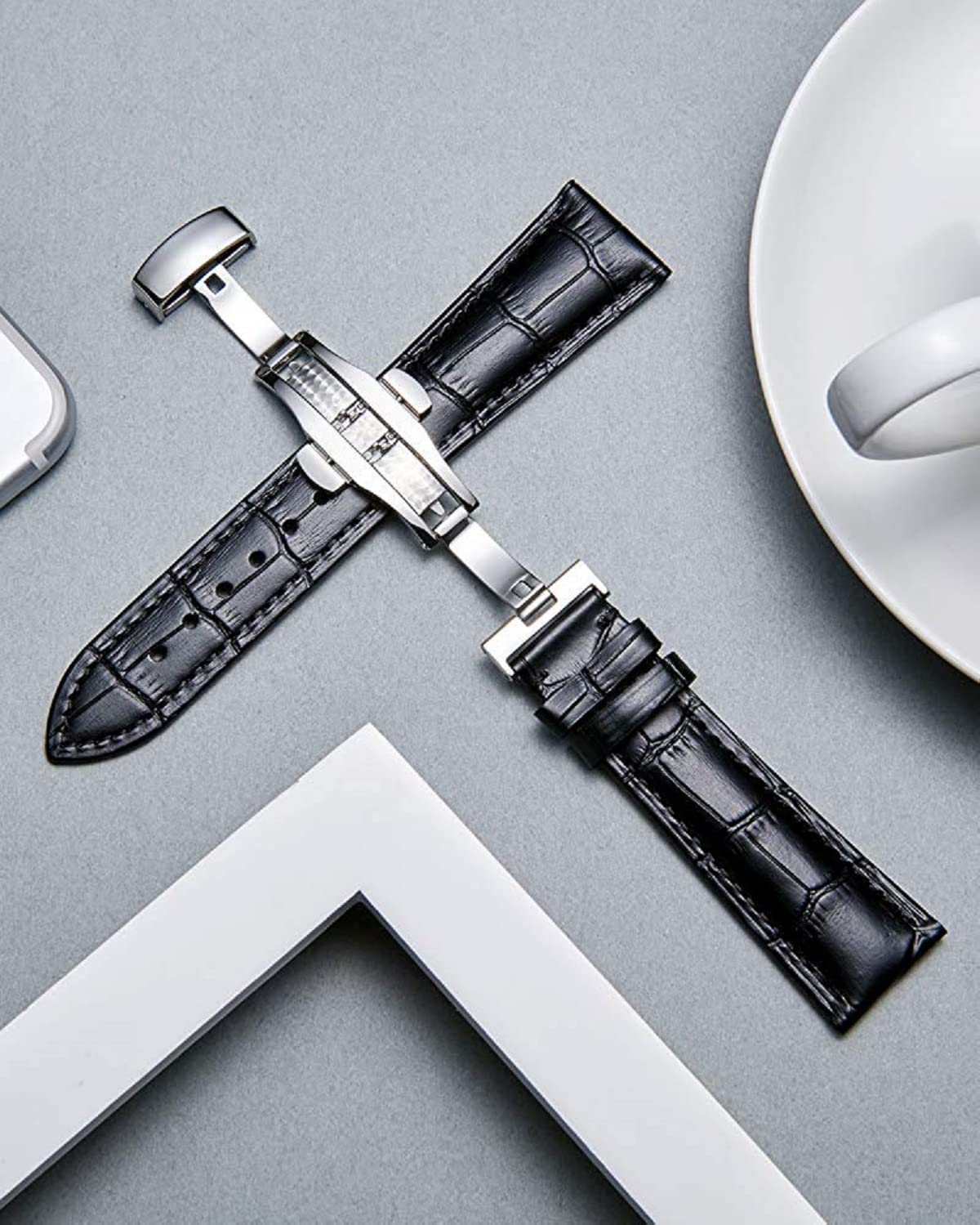 Moran Genuine Leather Replacement Watch Band Deployment Buckle 18mm 19mm 20mm 21mm 22mm 23mm 24mm Calfskin Watch Strap for Men's and Women's