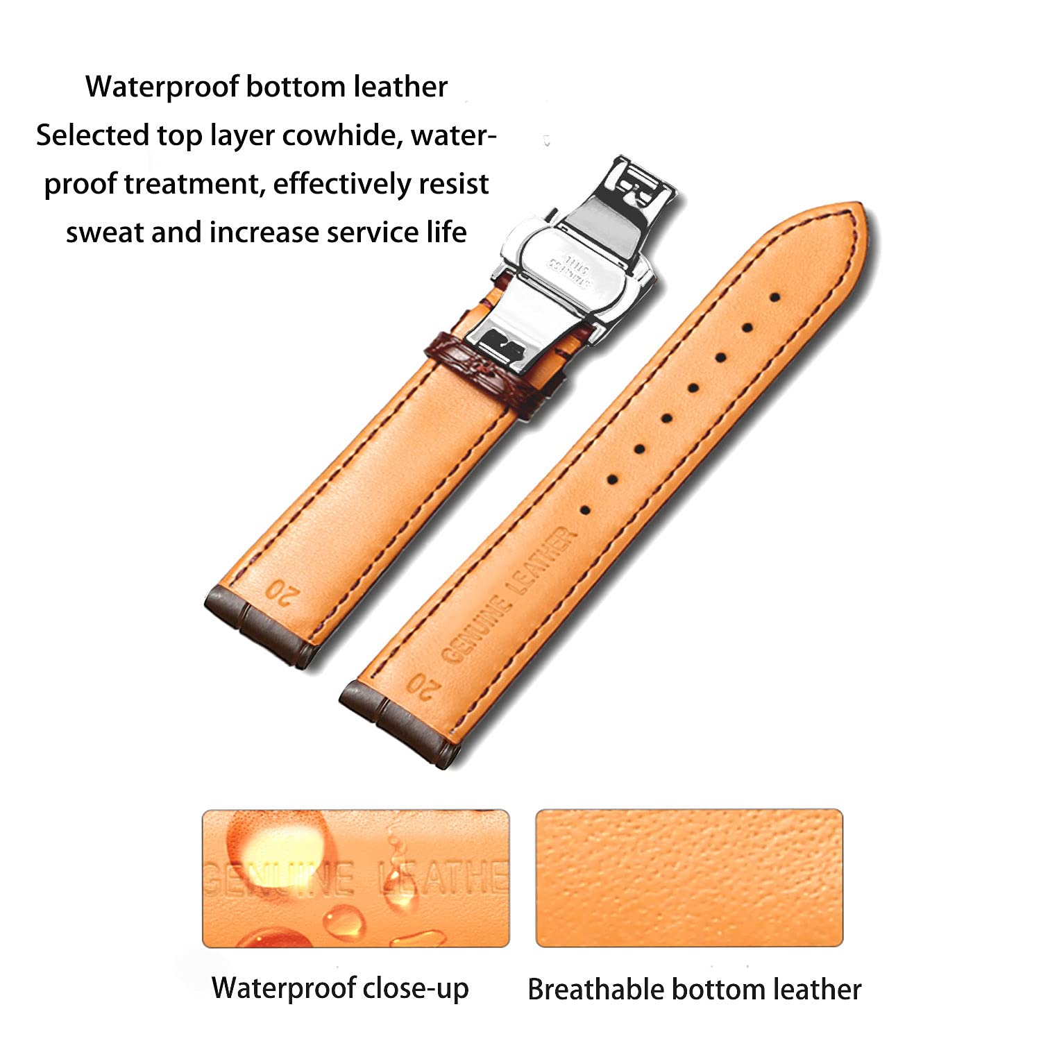 Moran Genuine Leather Replacement Watch Band Deployment Buckle 18mm 19mm 20mm 21mm 22mm 23mm 24mm Calfskin Watch Strap for Men's and Women's