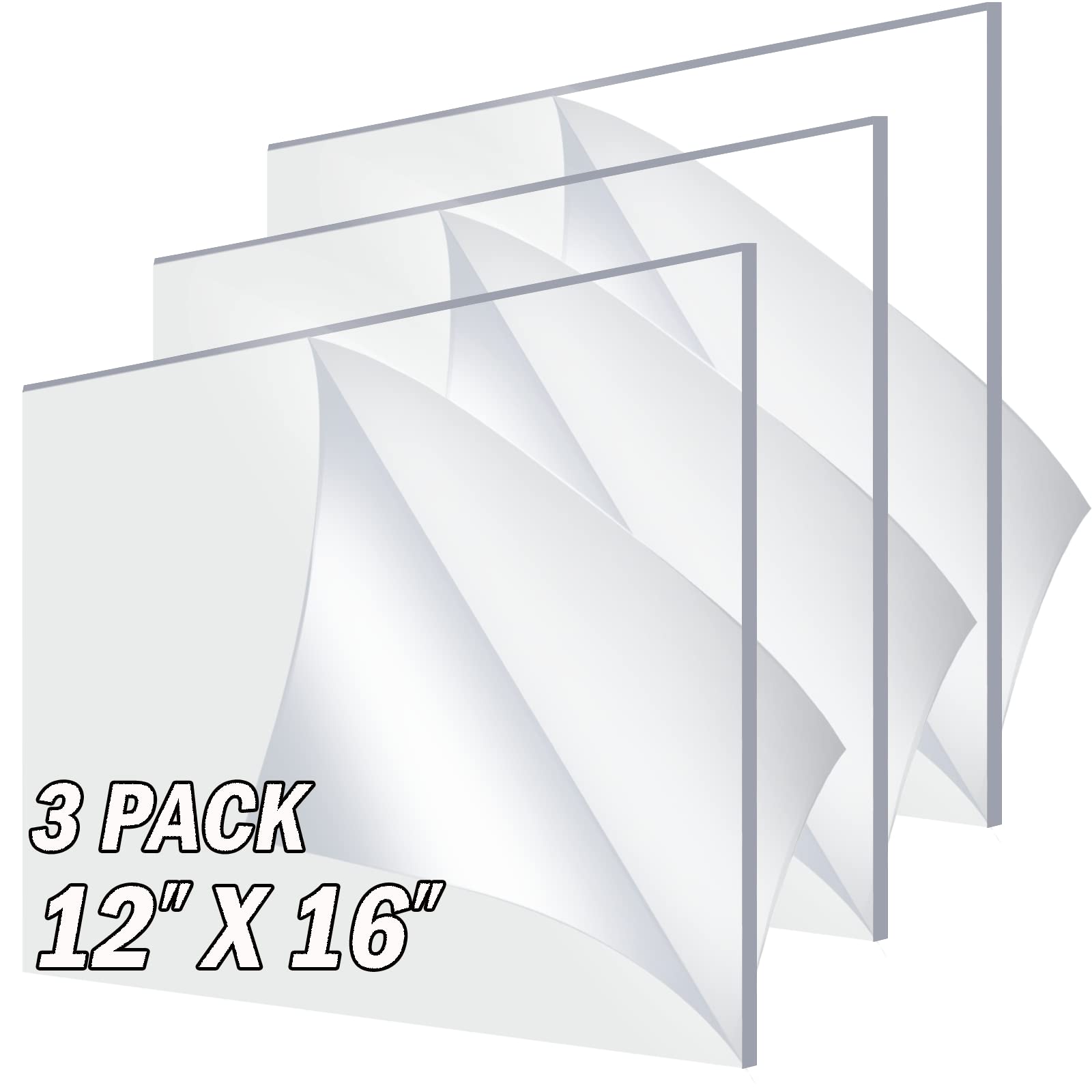 3 Pack Acrylic Sheet Plexiglass 12" x 16" x 1/8" Thick, Clear Cast 3mm 12x16 Plexi Glass Panel Use for Craft Projects, Picture Frames, Laser Engraving Sign Blanks or Cutting to Display Sizes.