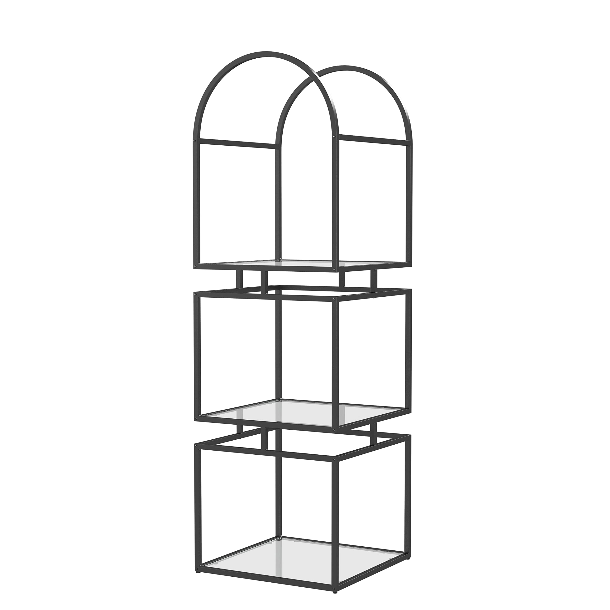 PayLessHere 3-Tier Open Bookshelf, Bookcase Storage Shelves with Arched top Metal Frame and Glass Bookshelves form Home Office Living Room,Black