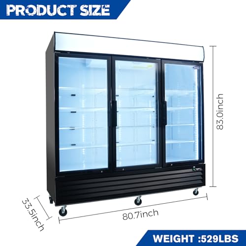 Durable Commercial Freezer with Triple Glass Door, 70 cu. ft. Large Capacity Freezer for Restaurant, Minimart, Bakery, Coffee Shop, 81" W x 34" L x 83" H