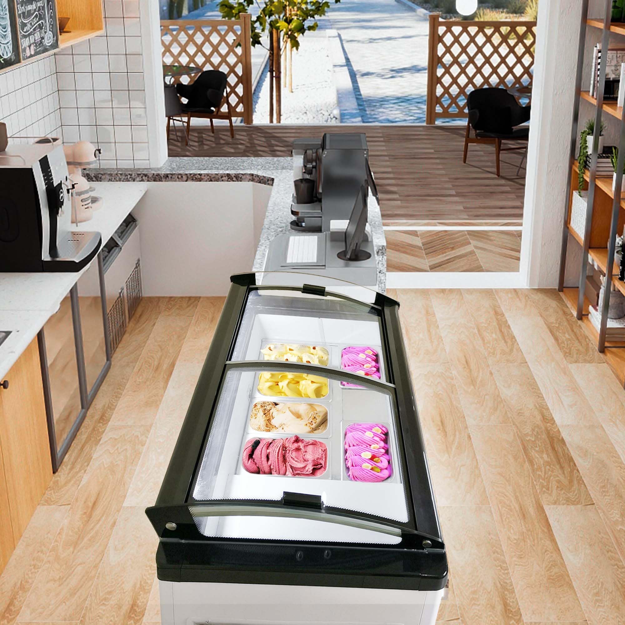 Yovtekc Countertop Gelato Display Freezer, Commercial Hard Ice Cream Showcase with 6 Square Storage Baskets, Gelato Freezer Showcase Fast Cooling with LED Light, White