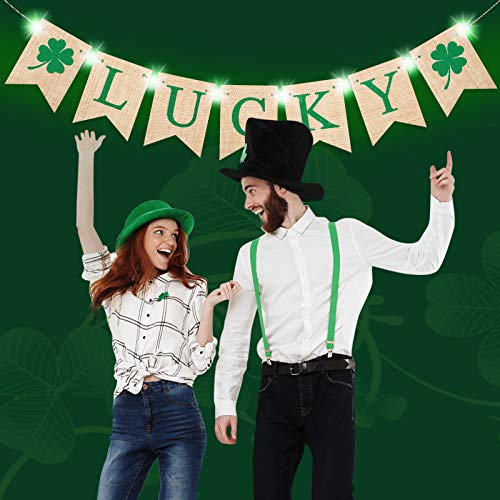 St. Patrick's Day Lucky Burlap Banner Bunting Hanging Garland with Green String Lights Rustic Shamrock Banner for St. Patrick's Day Decoration Supplies