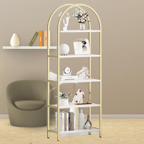 Gyabnw Bookshelf, 5-Tier Arched Bookcase with Metal Frame, Open Modern Bookcase Shelf Storage Organizer for Bedroom, Study, Living Room, and Office(White, Gold)