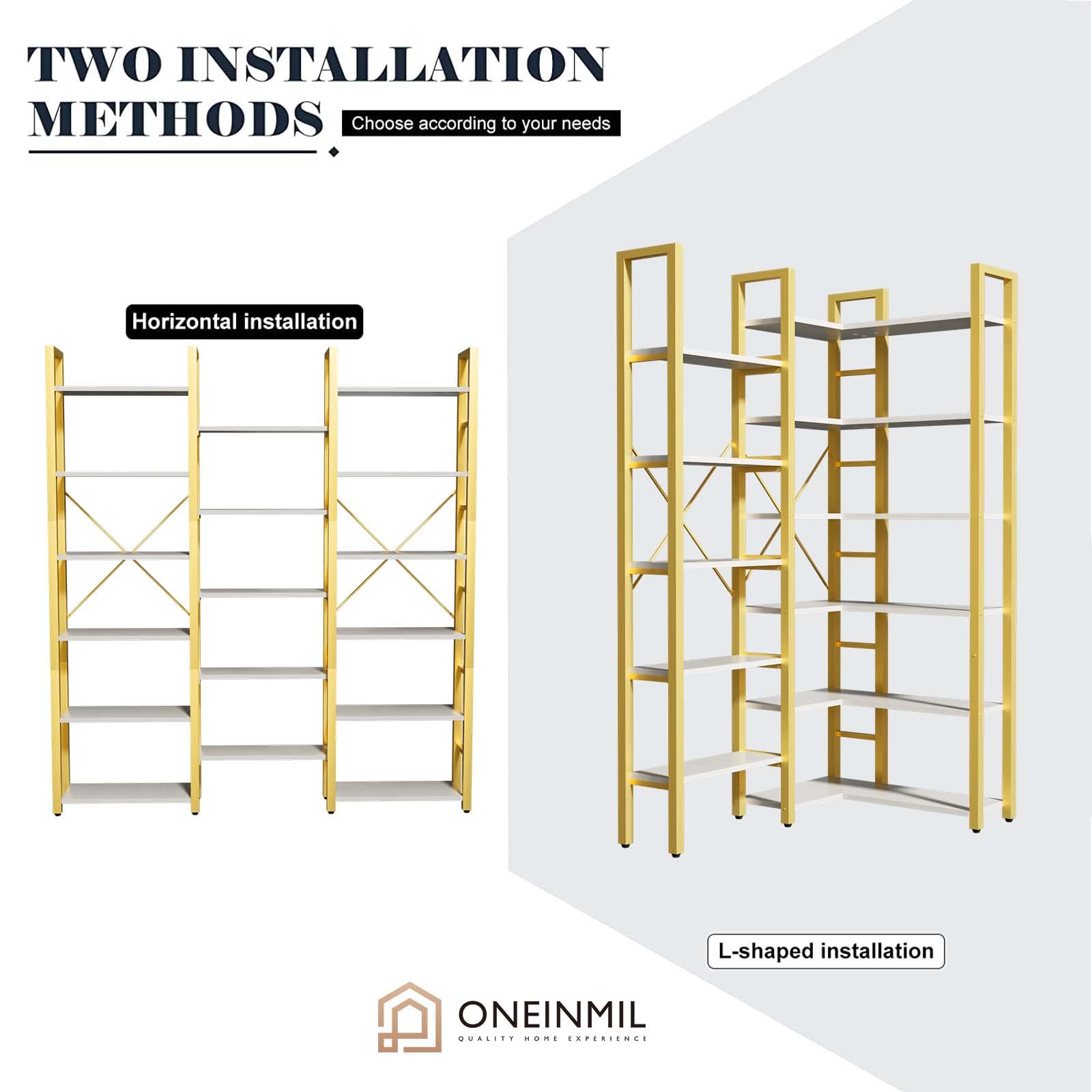 oneinmil Triple Wide 6-Shelf Bookcase Industrial Vintage Wood Style Large Open Bookshelves for Home&Office, Rustic Brown (6 Tier, White/Gold)